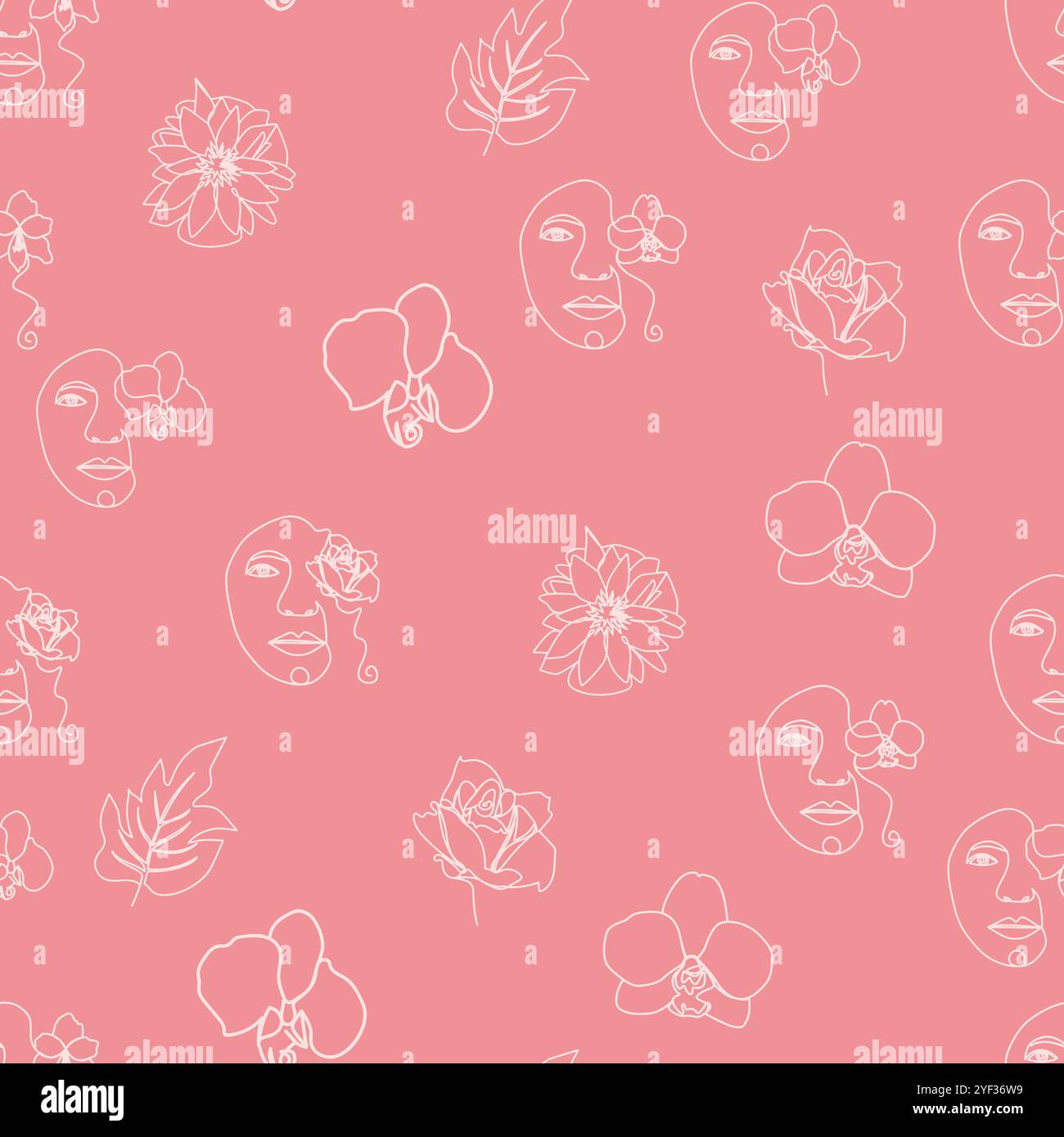 Woman face Continuous line seamless pattern. Abstract Female portrait ...