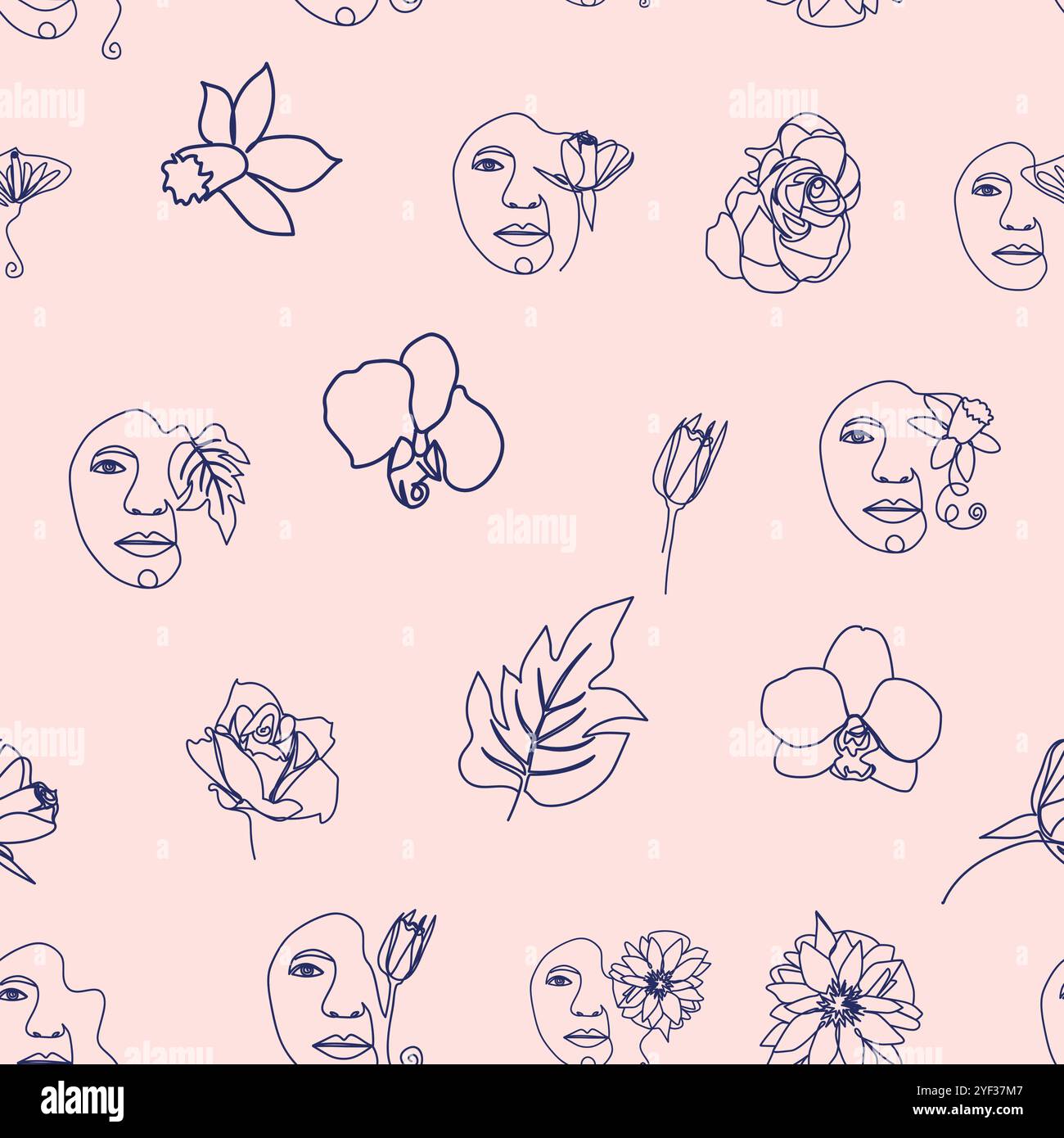 Woman face Continuous line seamless pattern. Abstract Female portrait ...