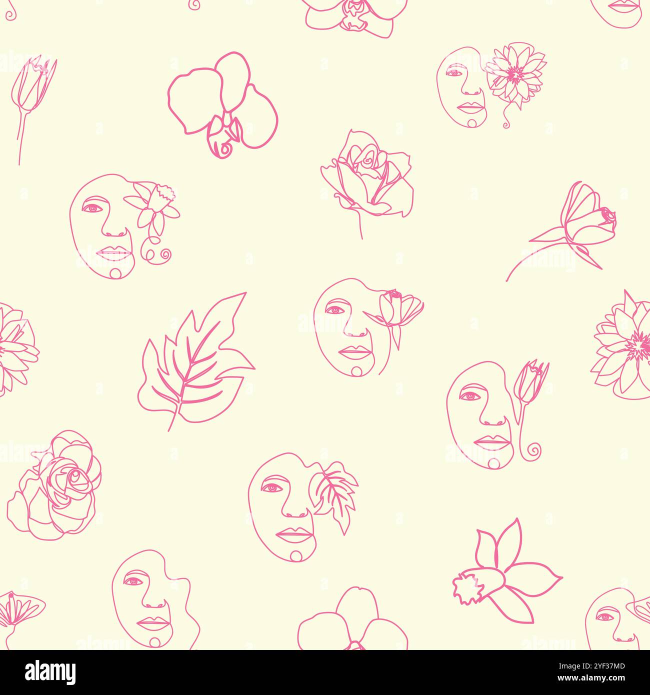 Woman face Continuous line seamless pattern. Abstract Female portrait ...