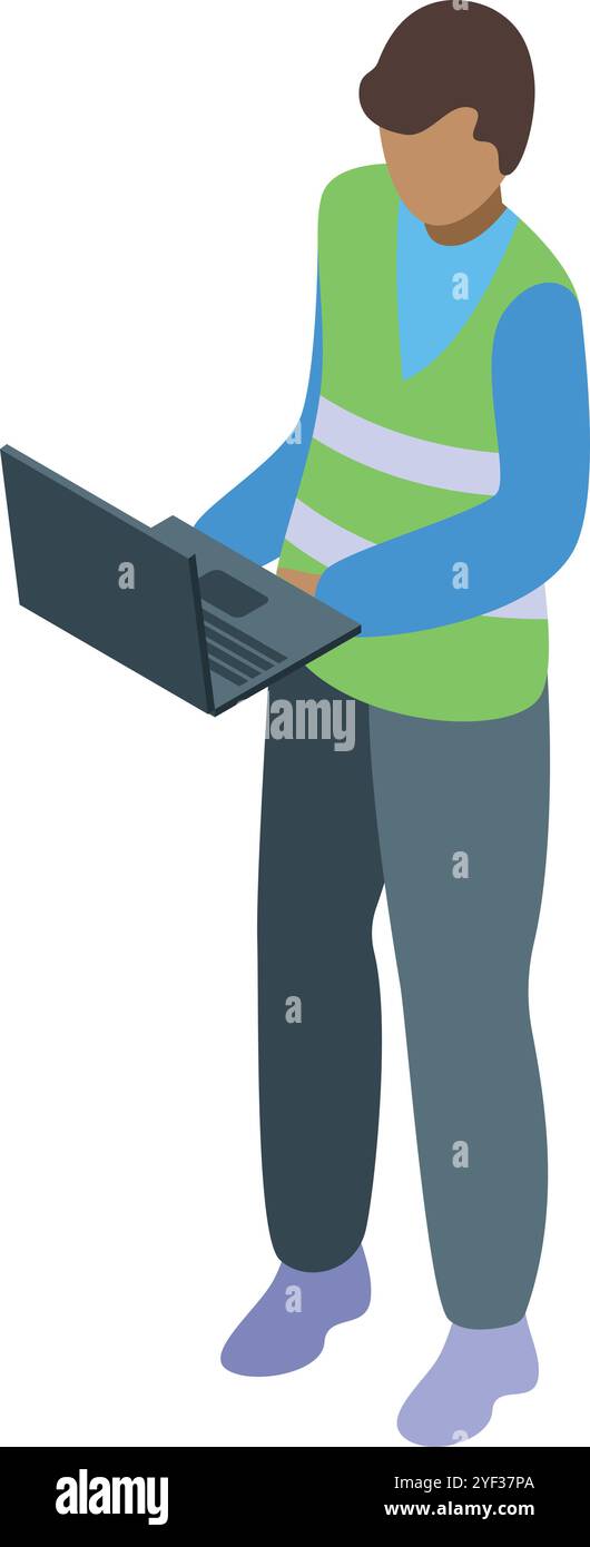Road construction worker wearing safety vest using laptop for ...