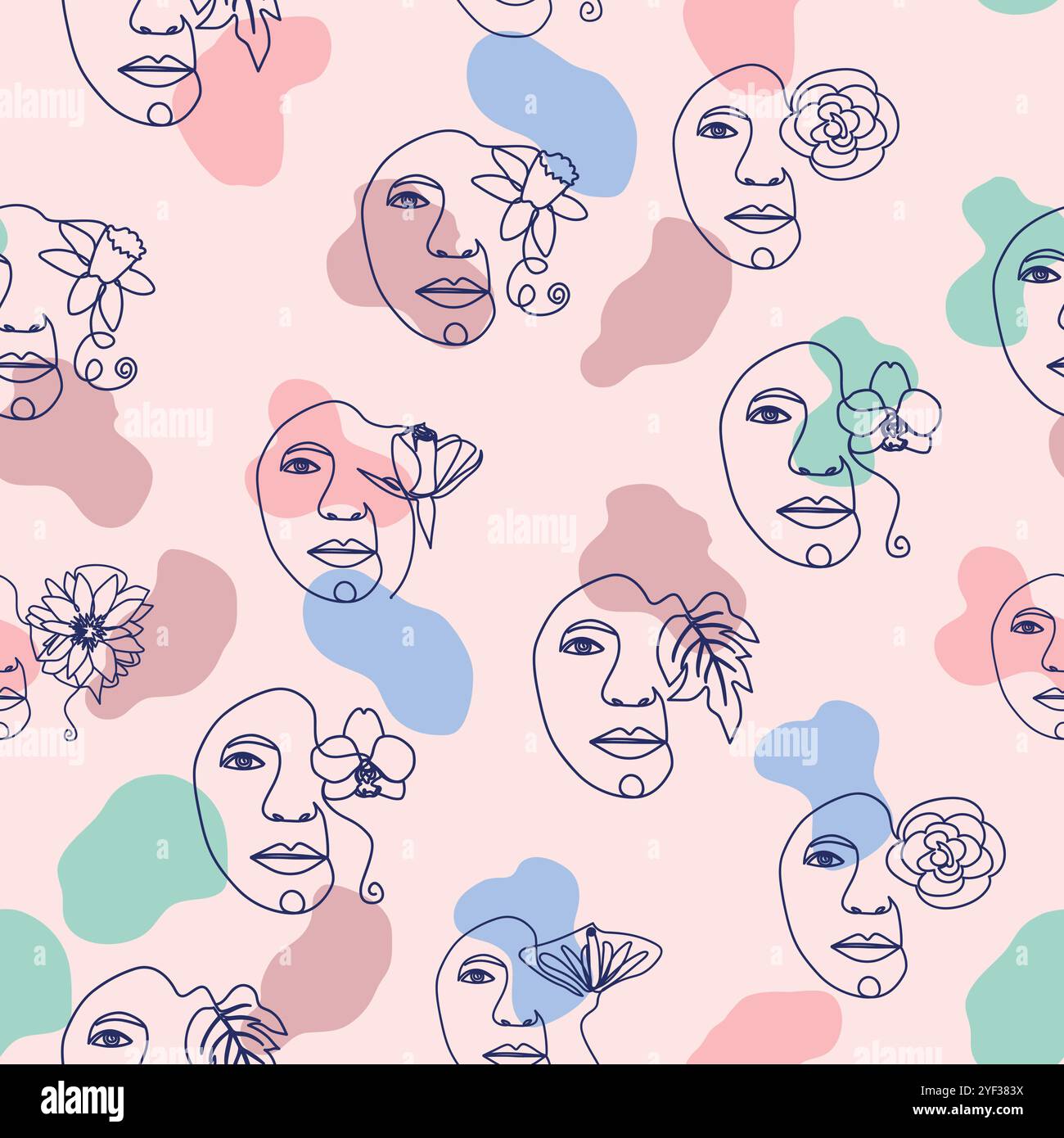 Female portrait Outline woman face, abstract flowers leaves, line ...