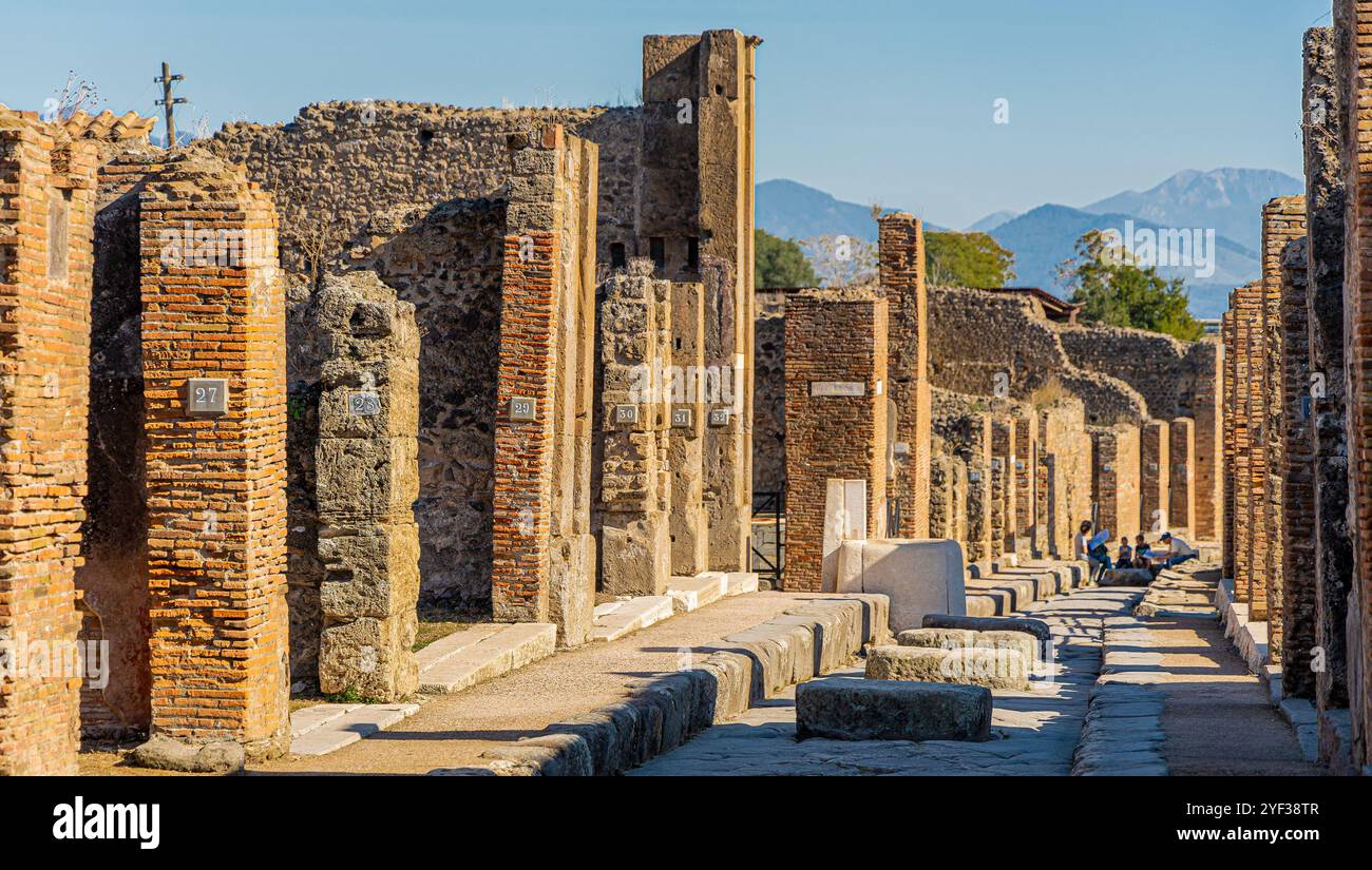 One of the many original roads in pompei surrounded by stone and brick ...