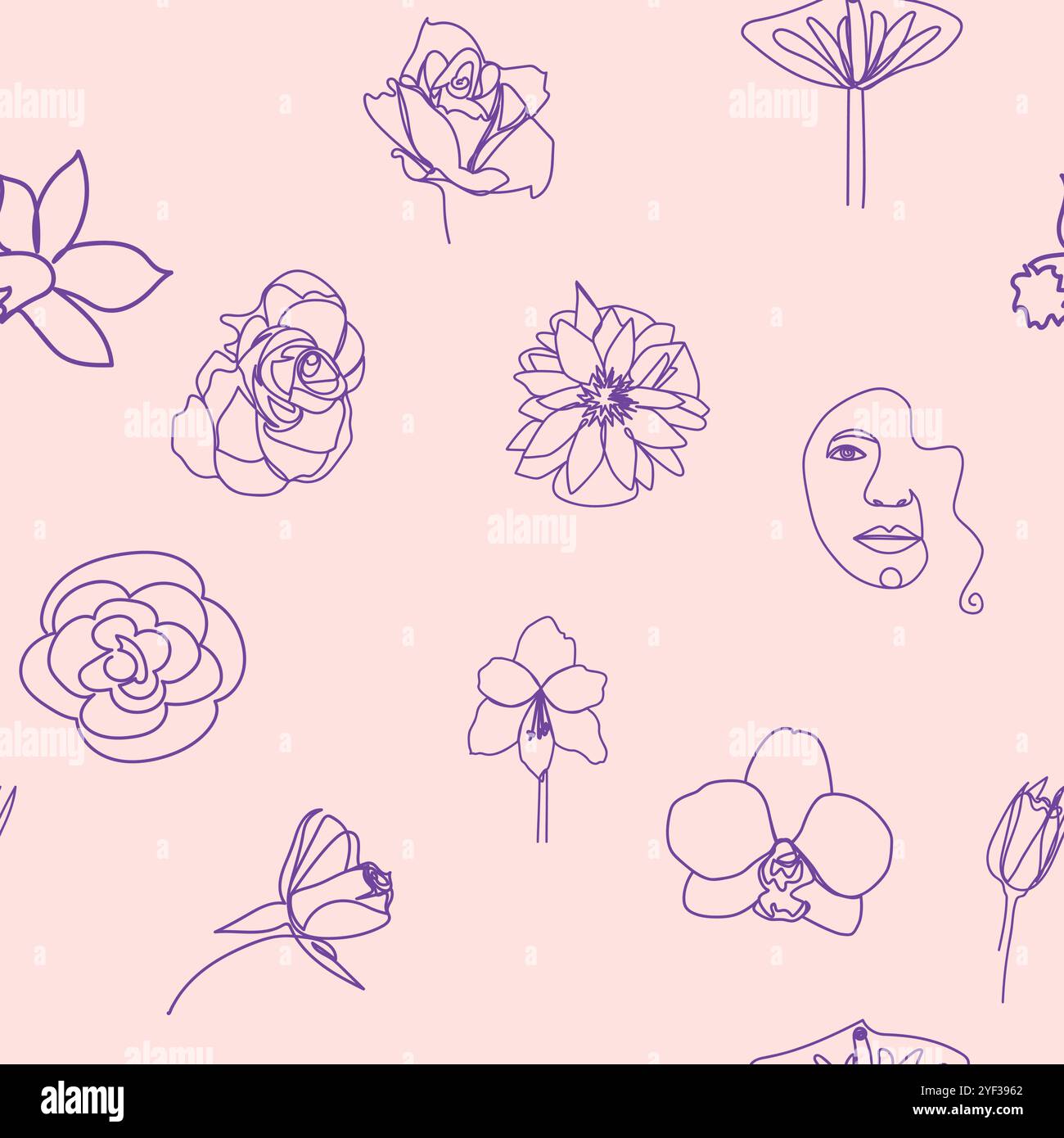 Woman face Continuous line seamless pattern. Abstract Female portrait ...