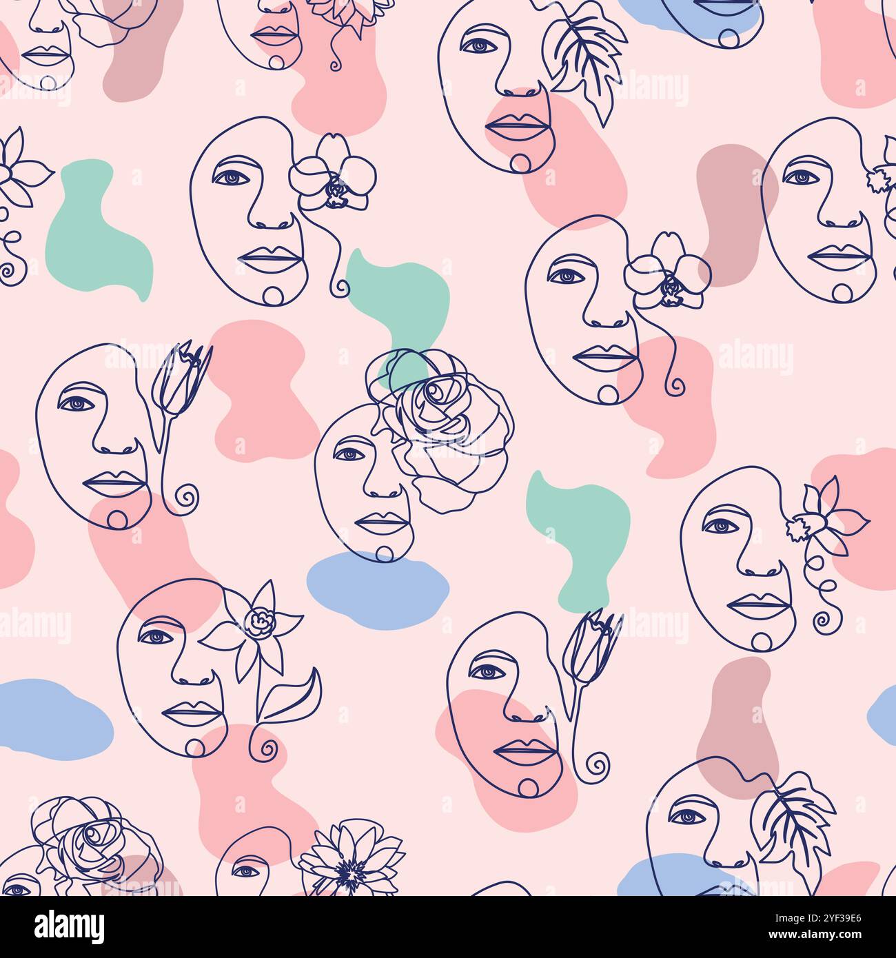 Female portrait Outline woman face, abstract flowers leaves, line ...