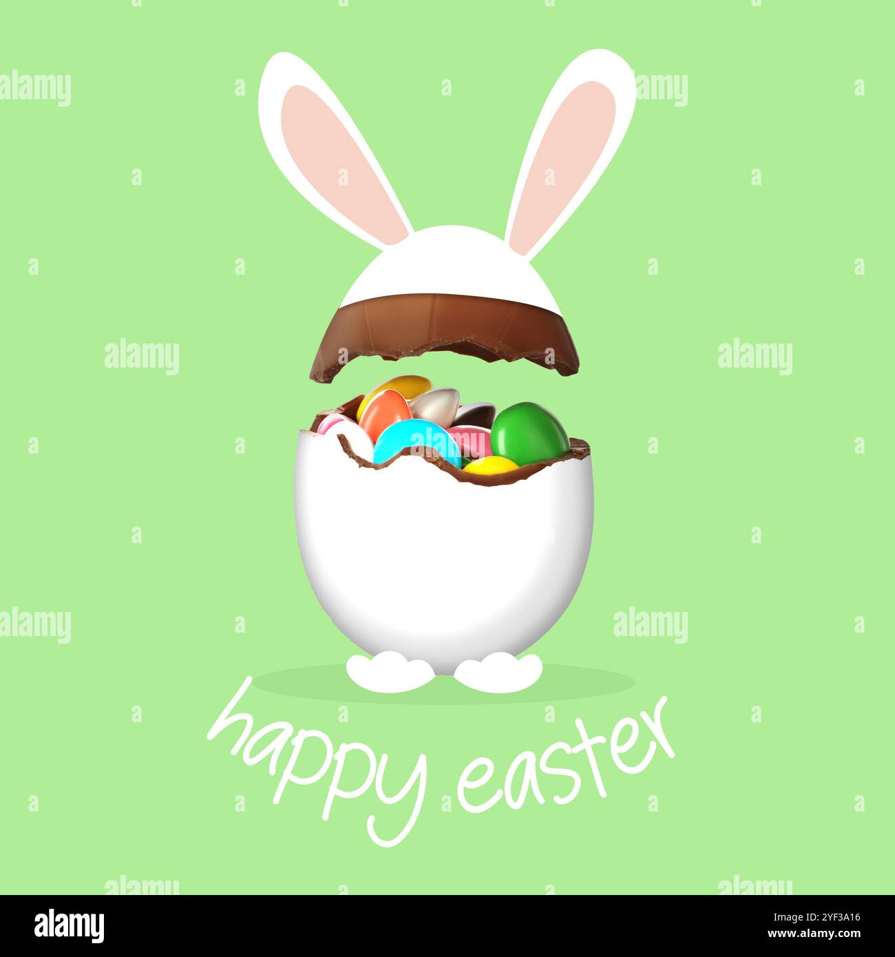 Happy Easter. Chocolate egg with bunny ears and paws on light green ...