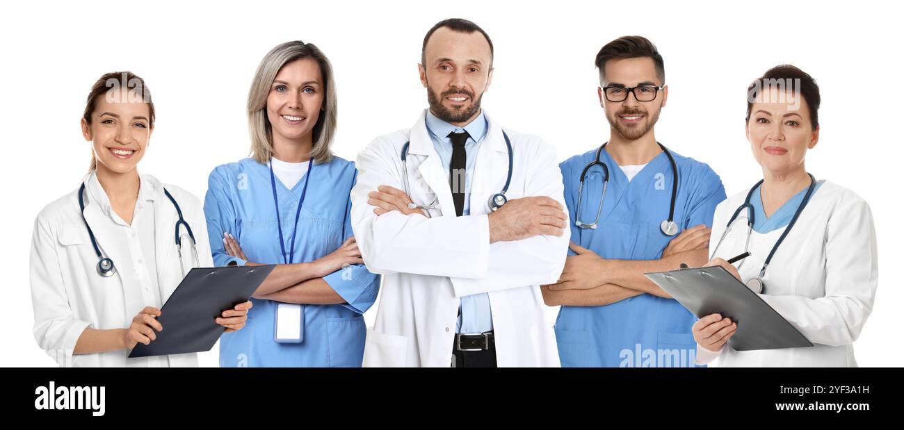 Different healthcare workers in uniforms on white background Stock ...