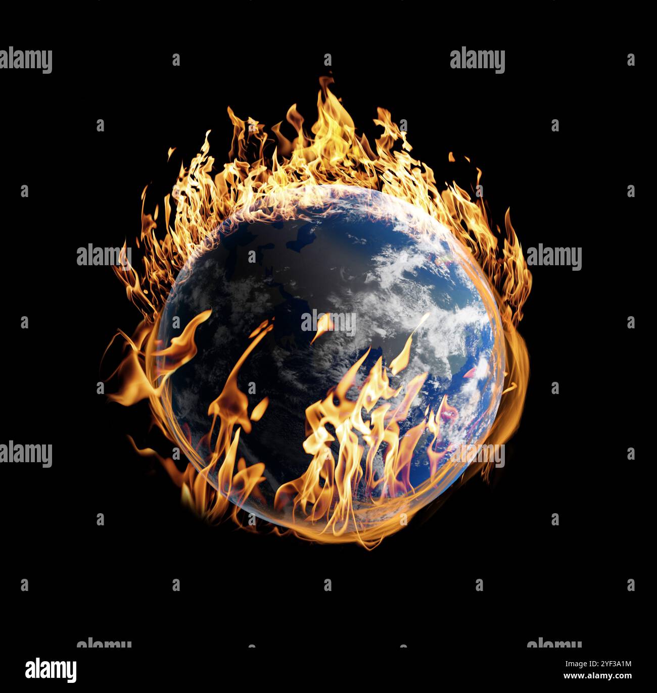 Planet Earth on fire against black background. Conceptual image for ...