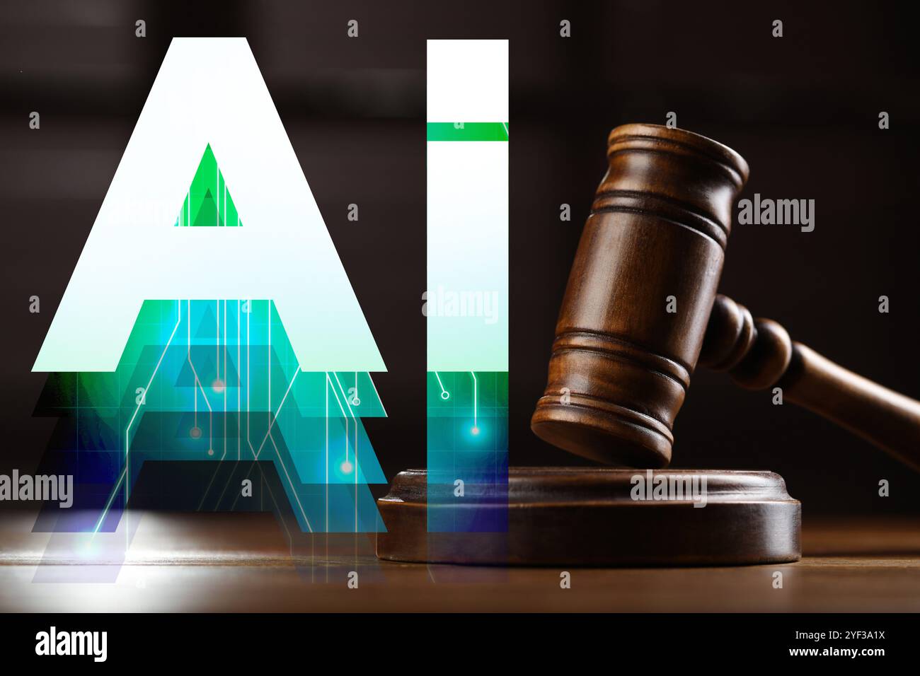 Artificial intelligence and law. Judge's gavel on table and AI ...