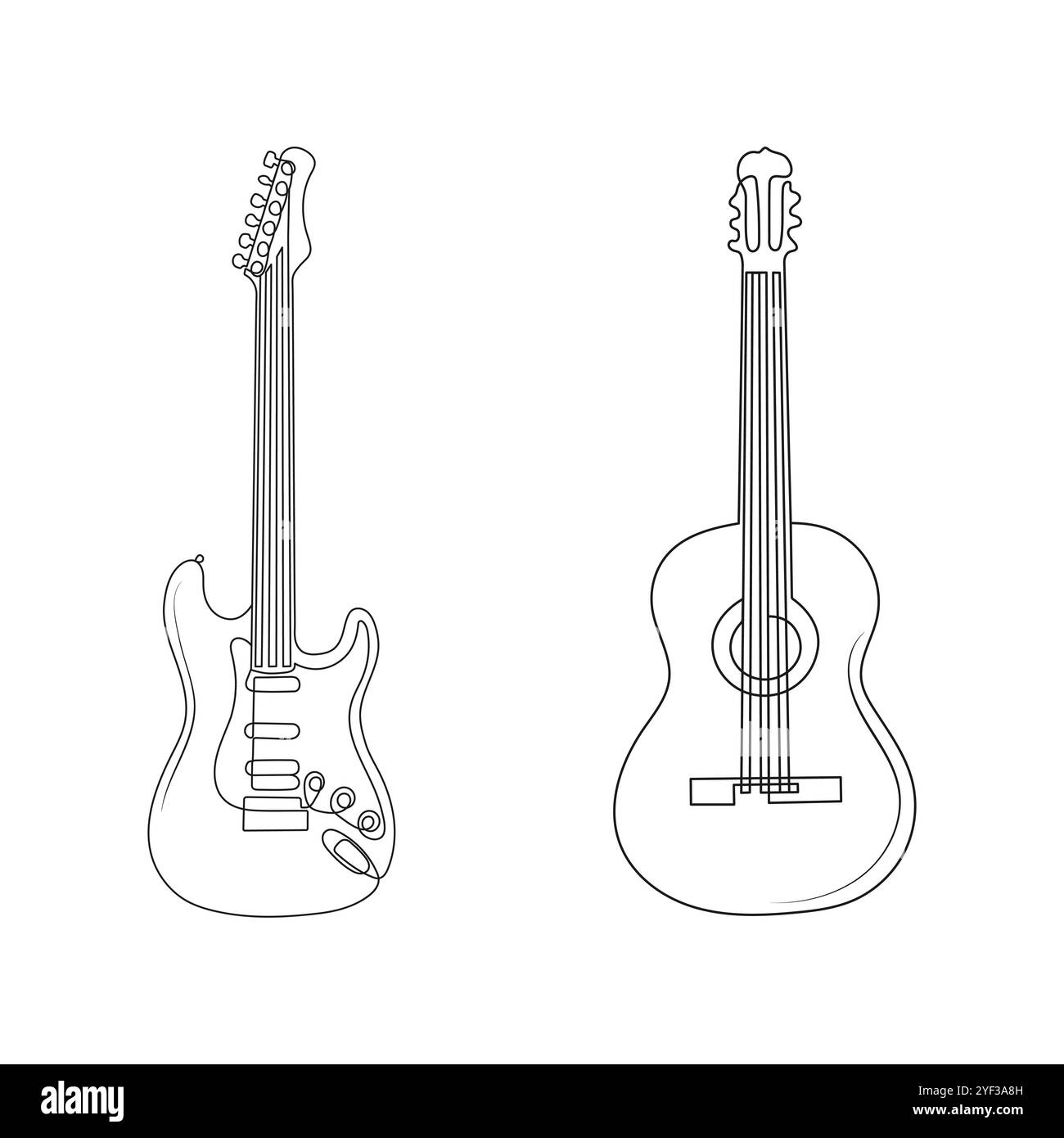 Electric and acoustic guitar. One line art. Hand drawn music ...