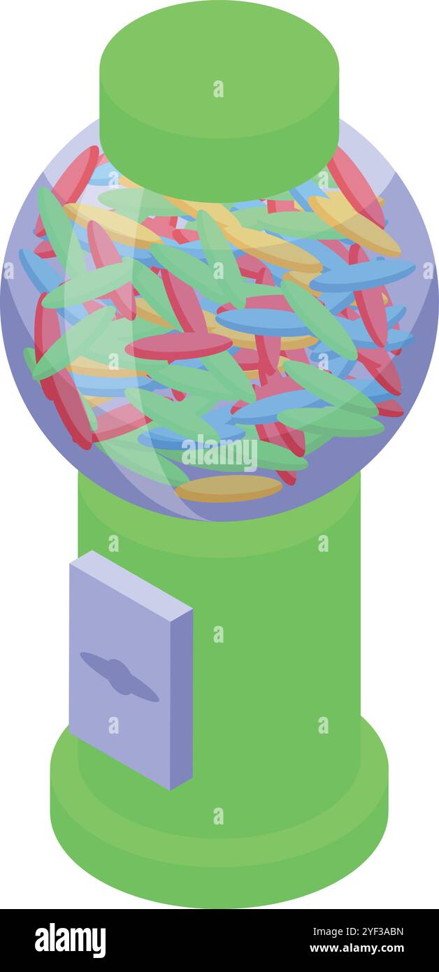 Green gumball vending machine dispensing colorful candy in an isometric ...