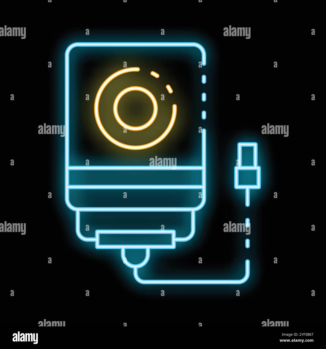 Glowing neon icon of a power bank charging with a usb cable ...