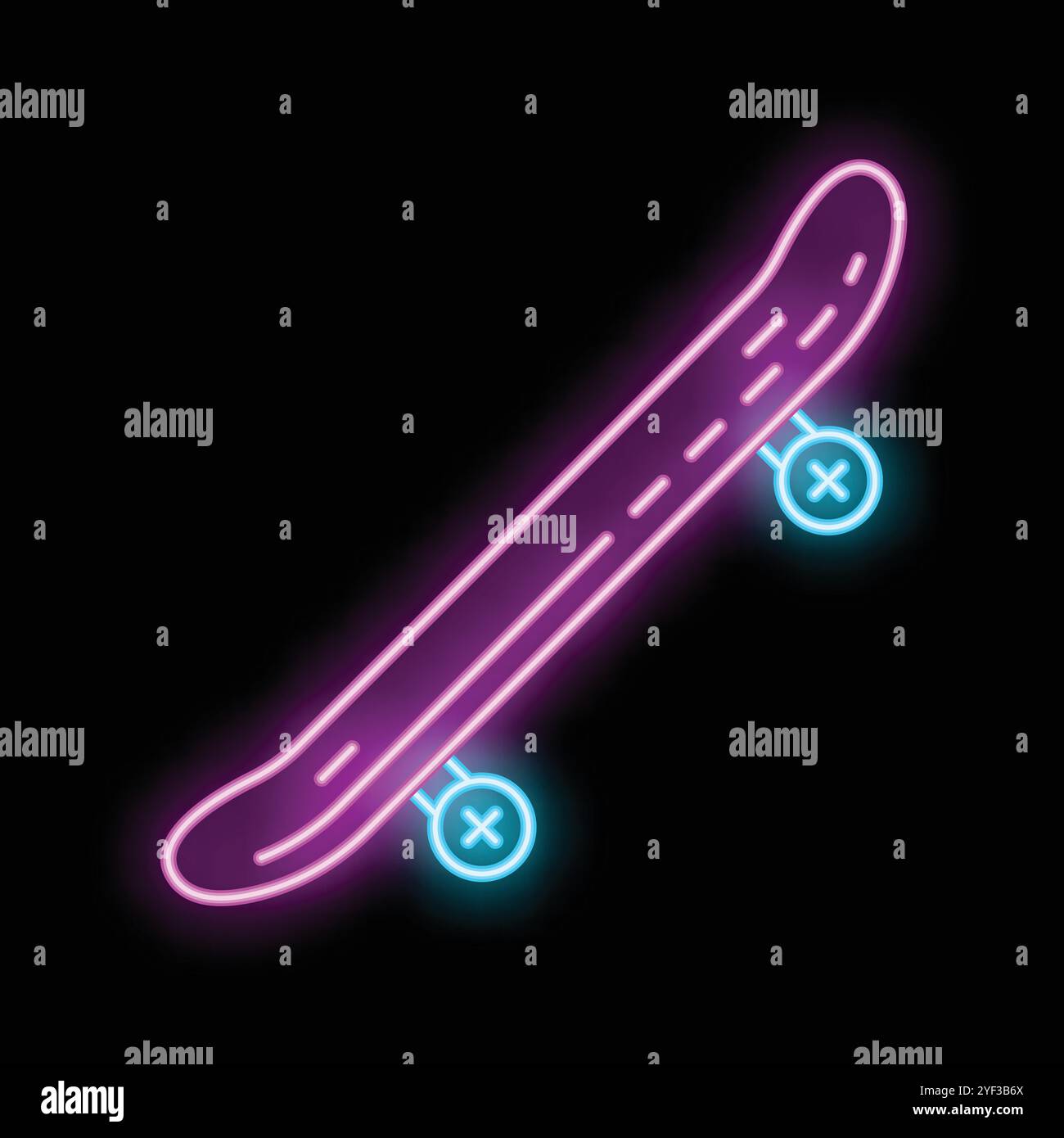 Vibrant neon sign depicting a classic skateboard, glowing on a dark ...