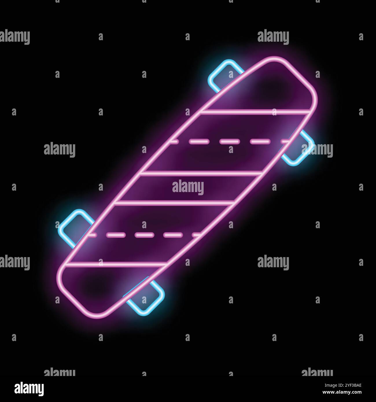 Neon sign illuminating a skateboard with bright pink and blue lights ...