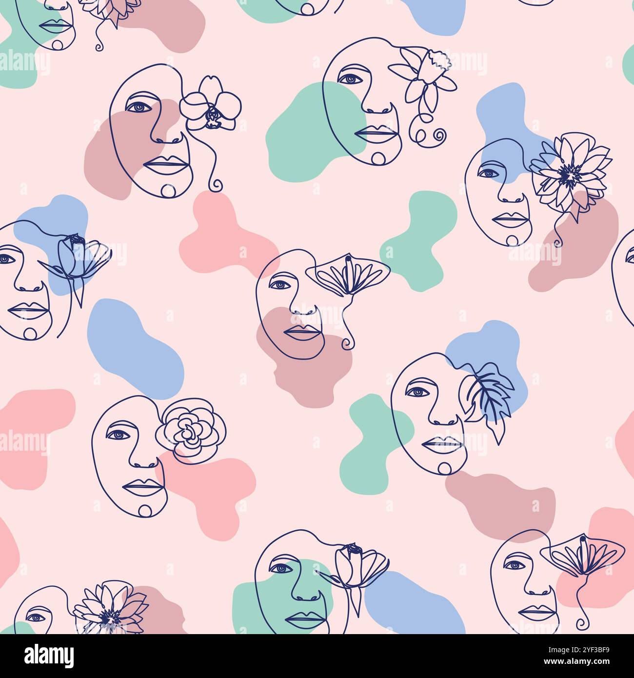 Female portrait Outline woman face, abstract flowers leaves, line ...