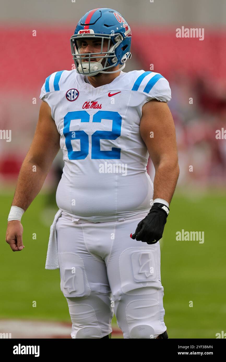 November 2, 2024: Brycen Sanders #62 Ole Miss offensive lineman glances ...