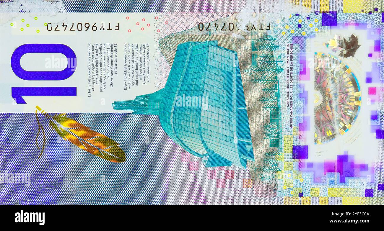 Bank of Canada polymer banknotes with denomination of ten dollars back ...