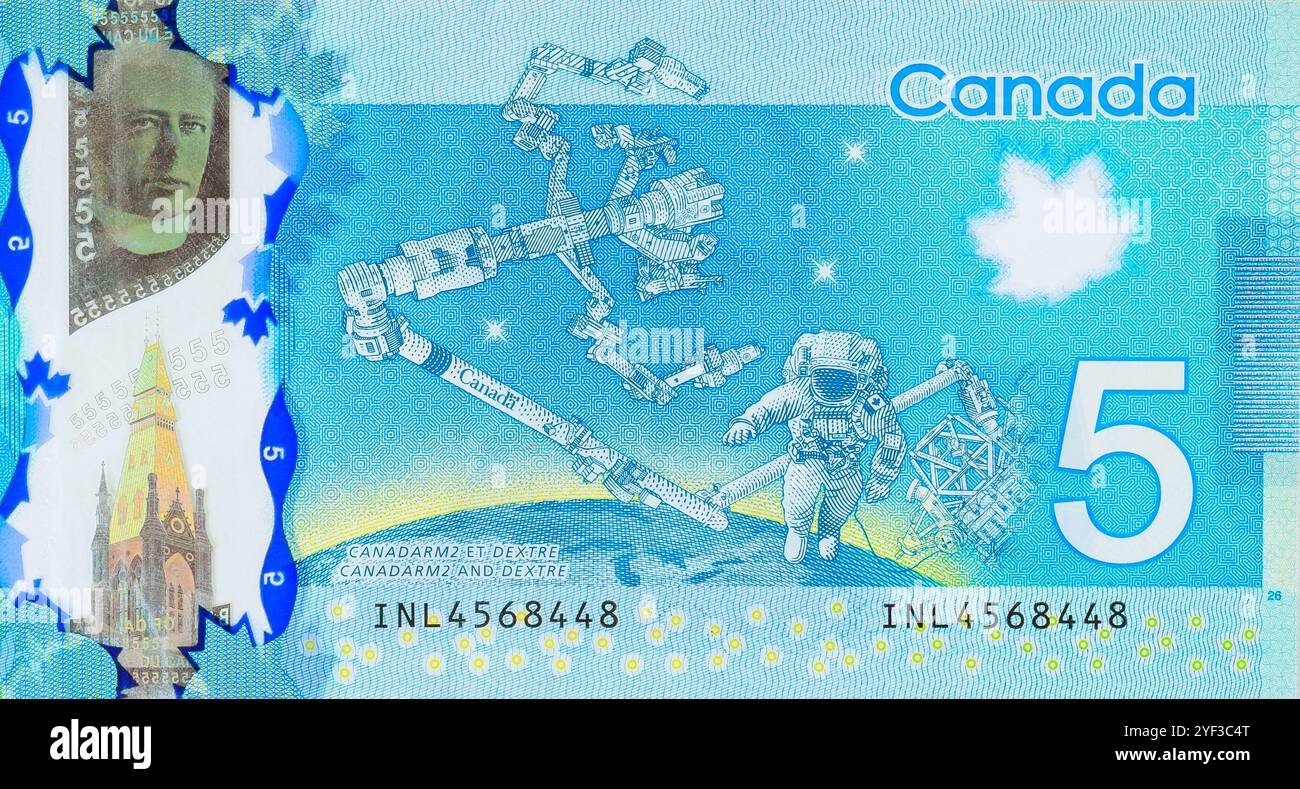 Canadian five dollar denominations of polymer banknotes money issued by ...