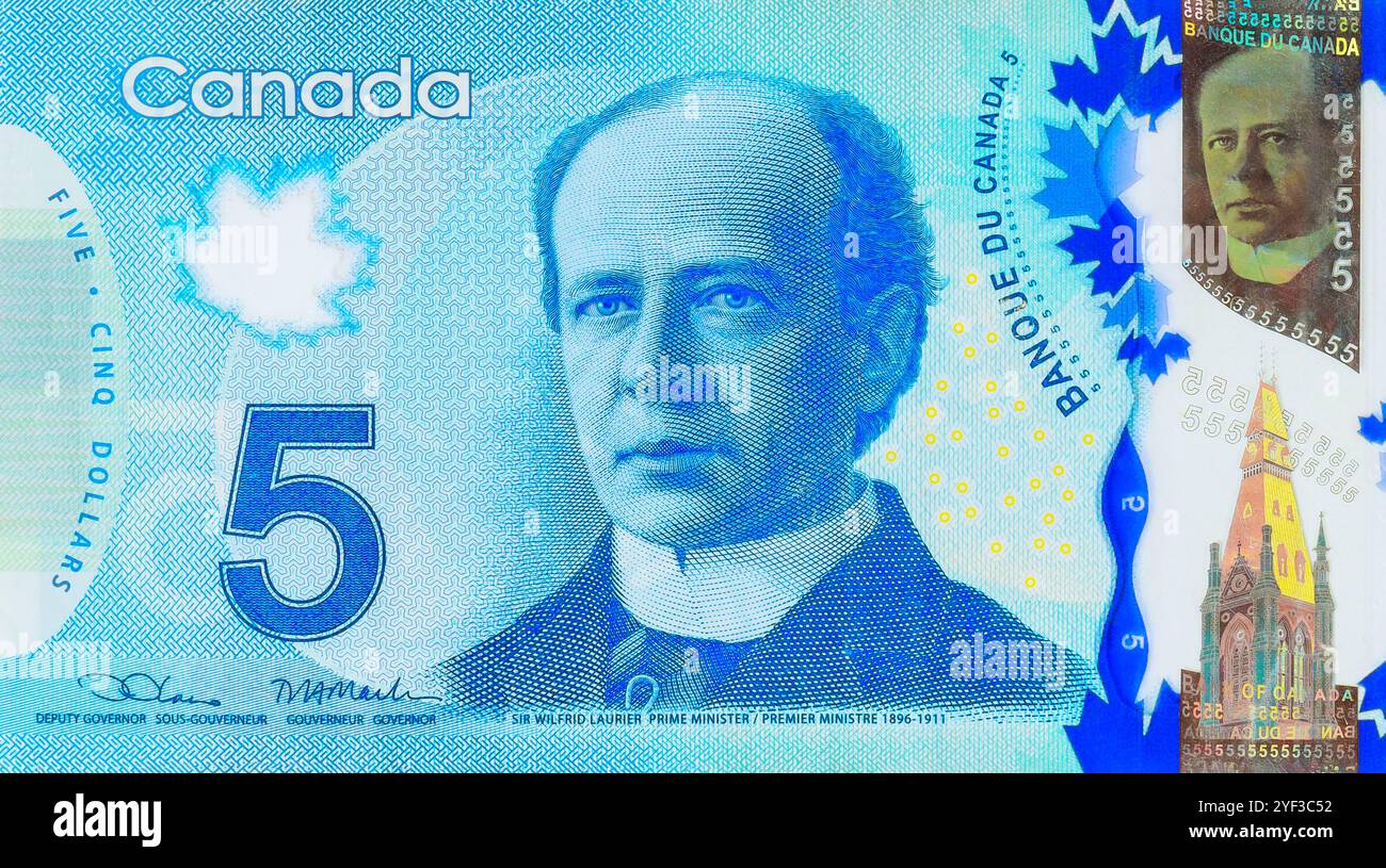 Bank of Canada issued by polymer banknotes in five dollar denominations ...
