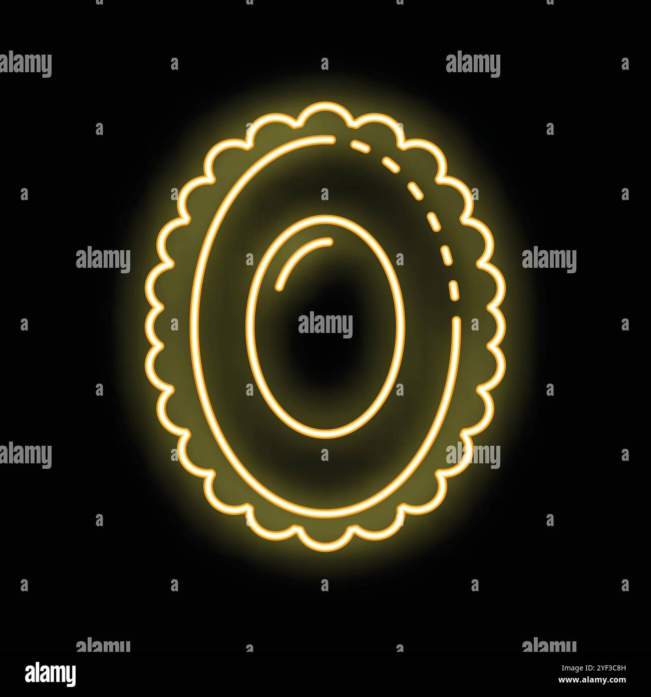 Neon yellow outline of a round lace doily glowing on a black background ...