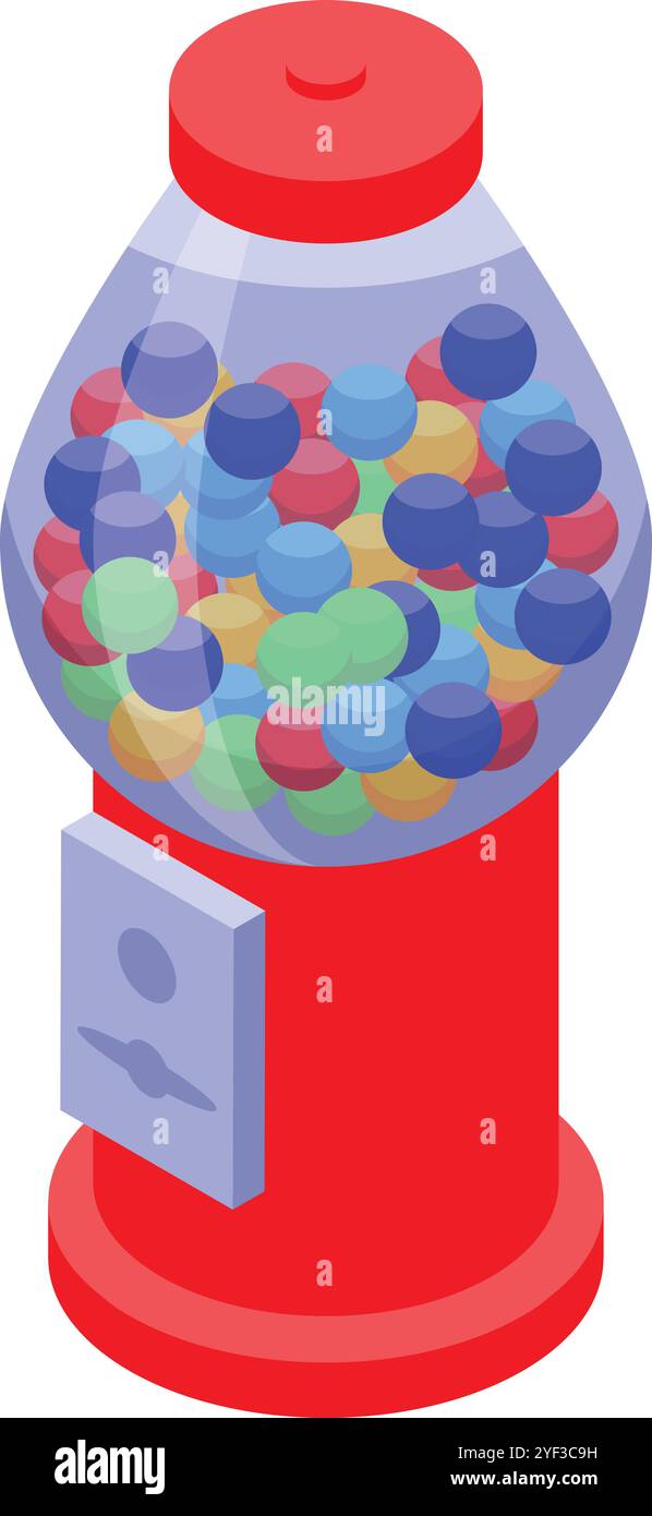 Colorful gumballs inside a classic red gumball vending machine, viewed ...