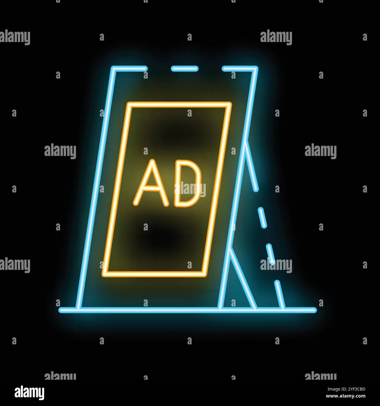 Bright luminous blue and yellow neon sign showing an advertisement with ...