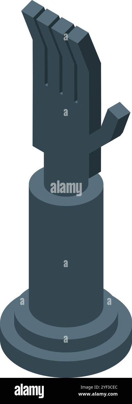 Dark gray prosthetic hand on a gray pedestal showing four fingers ...