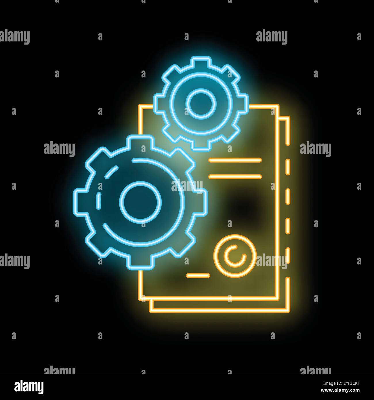 Neon glowing icon of copyright process with contract and gears on black ...