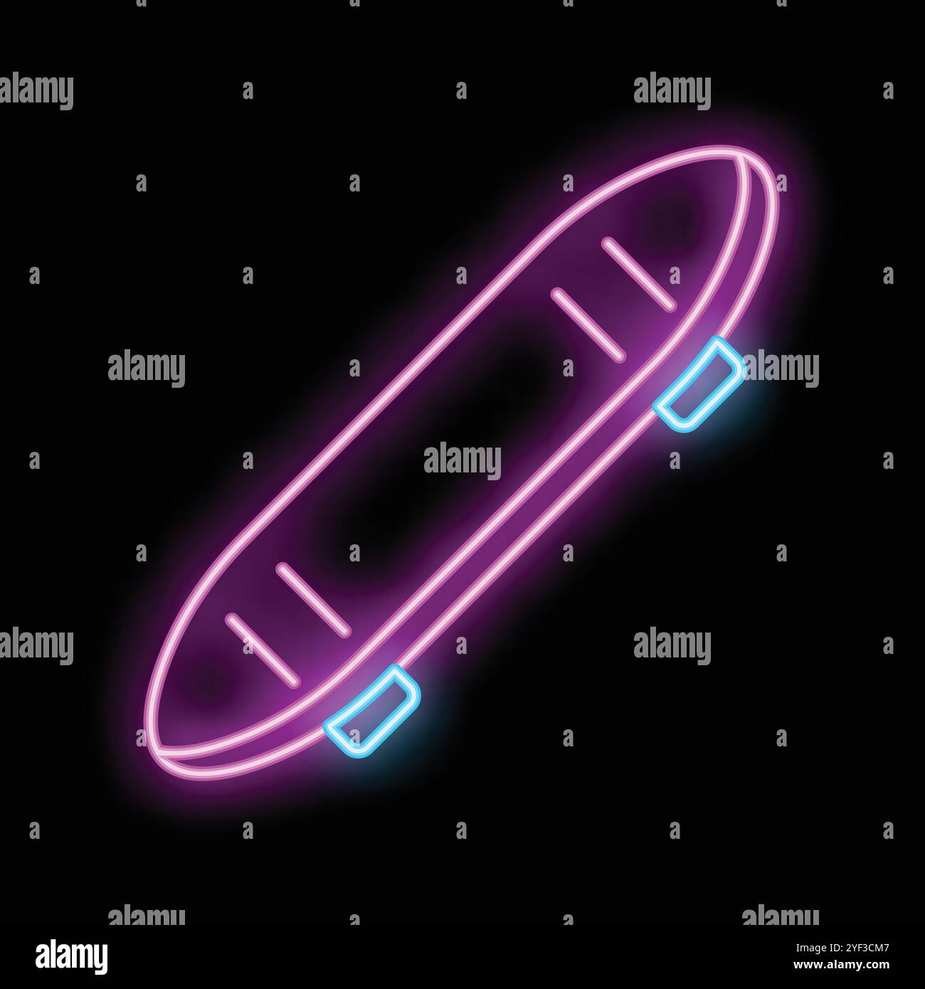 Bright neon sign showing a skateboard with pink body and blue wheels on ...