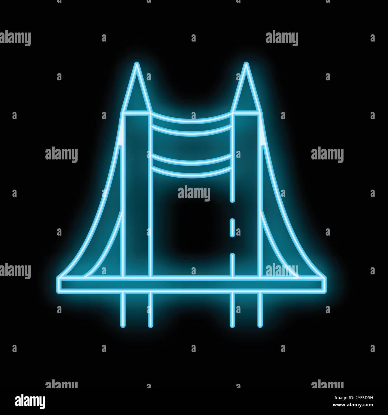 Blue glowing neon icon representing the golden gate bridge on a black ...
