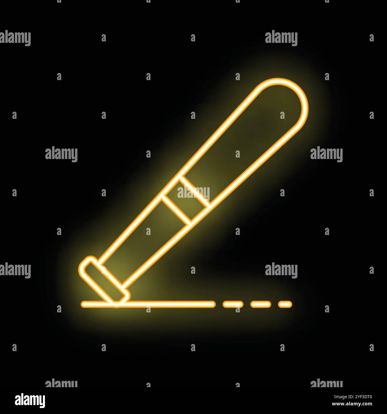 Yellow neon baseball bat is drawing a dashed line on a black background ...