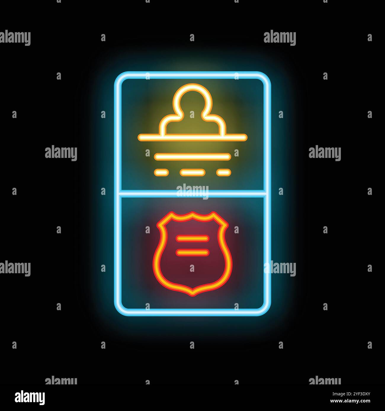 Neon glowing icon of a prisoner behind bars with a police badge ...