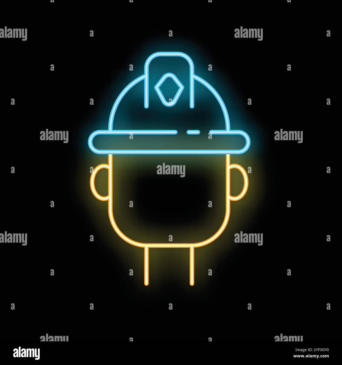 Glowing neon icon representing a construction worker wearing a hard hat ...