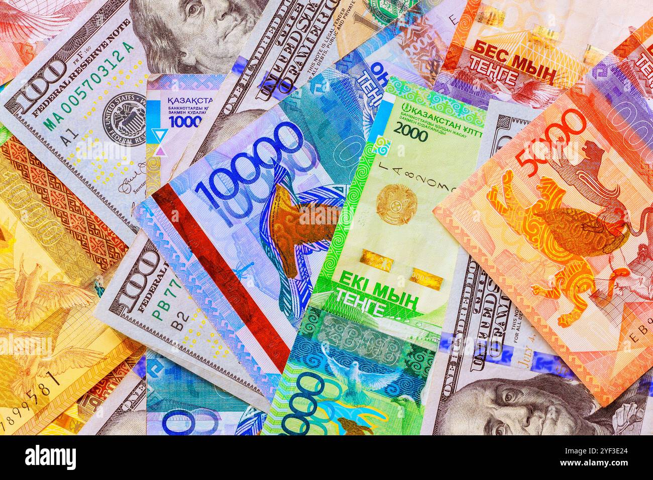 Kazakhstan tenge, American dollars are national currency banknotes of ...