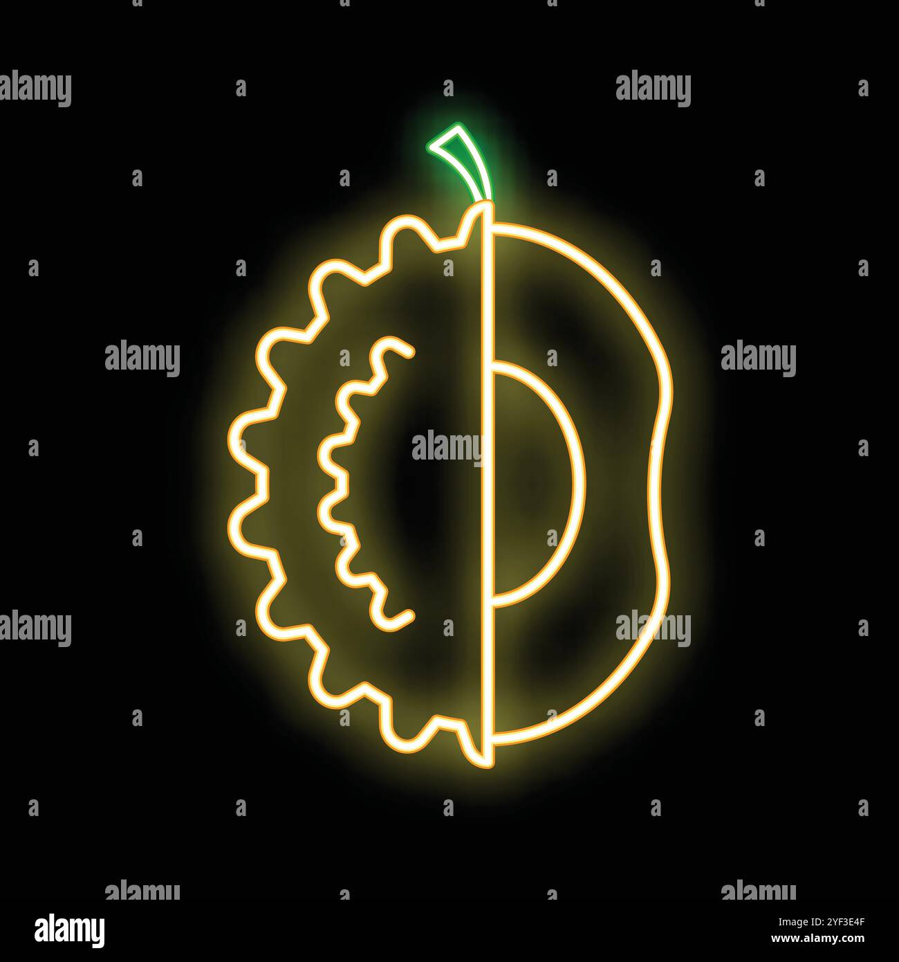 Glowing neon sign representing a durian fruit cut in half, showing its ...