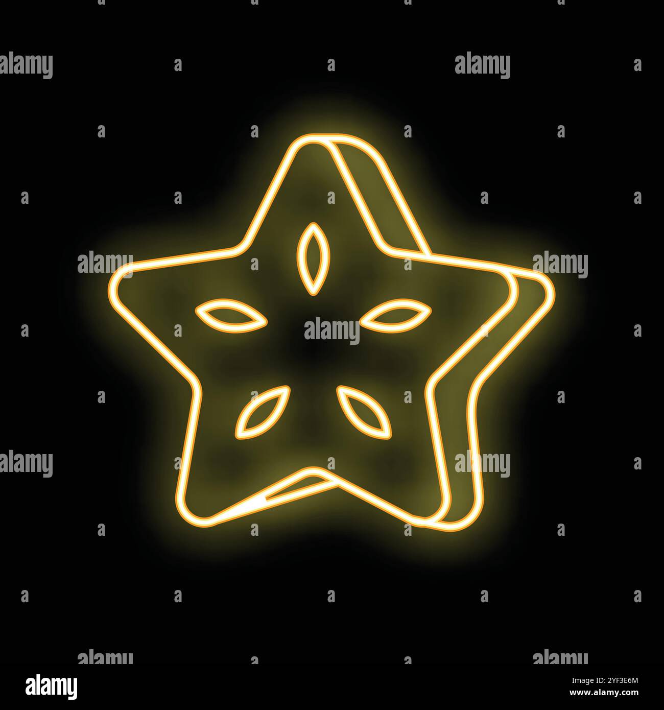 Bright yellow neon sign depicting a starfruit, glowing on a black ...