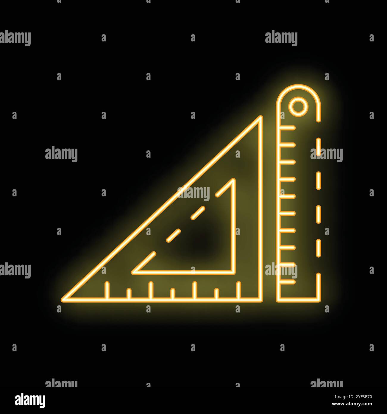 Bright yellow neon sign depicting a ruler and set square, glowing on a ...