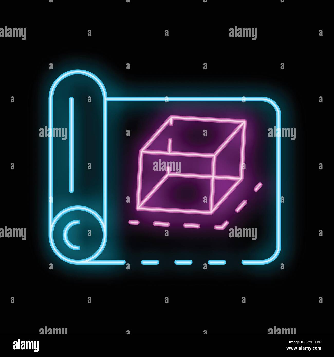 Neon glowing sign of a blueprint with a cube on black background Stock ...