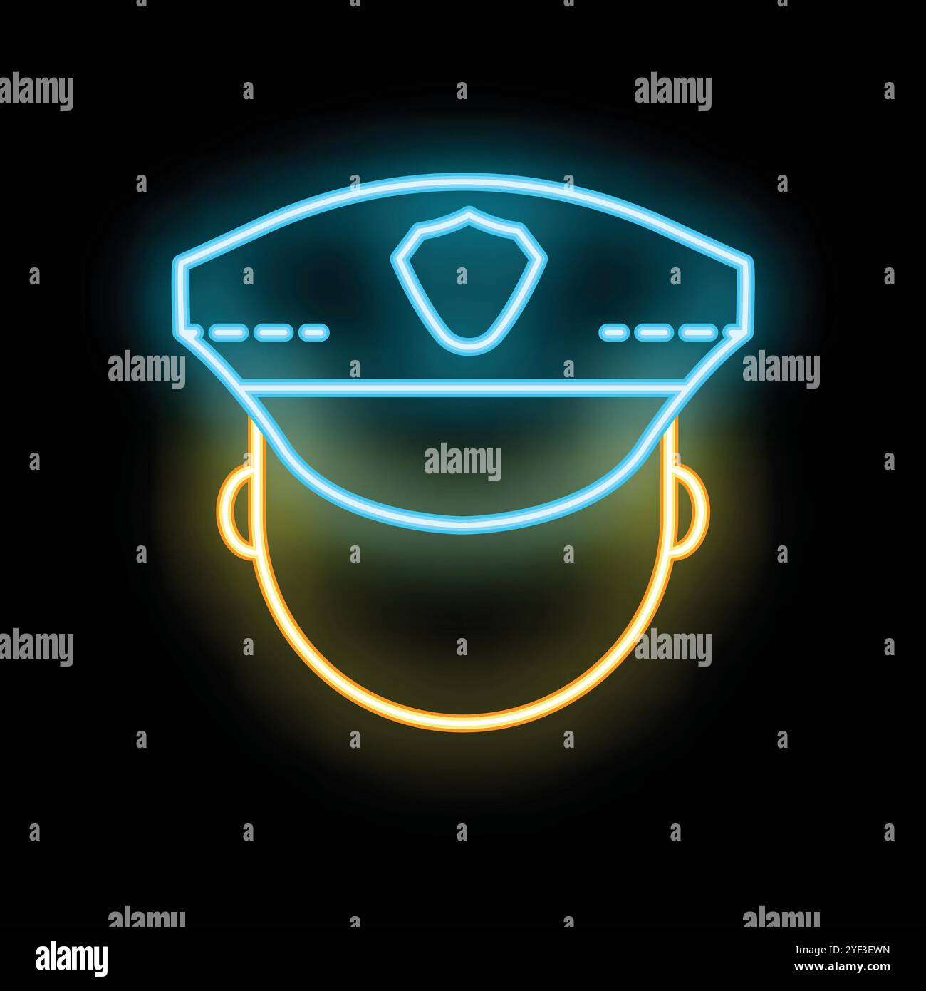 Neon sign illuminating the silhouette of a police officer wearing a ...