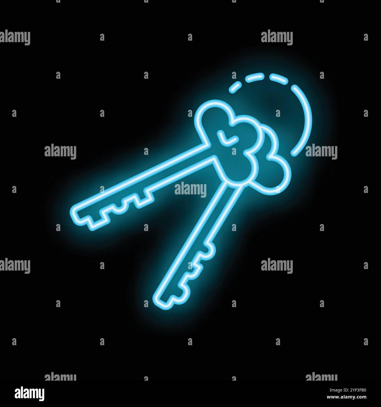 Two antique keys glowing in blue neon light against a dark background ...