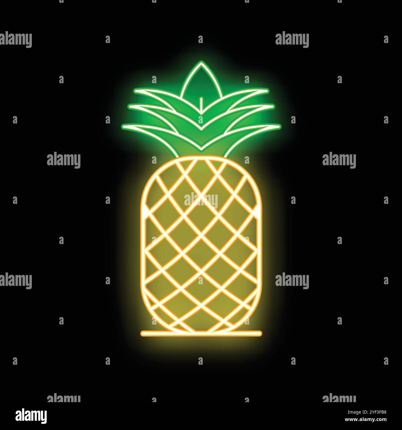 Glowing neon sign depicting a pineapple with green leaves and yellow ...