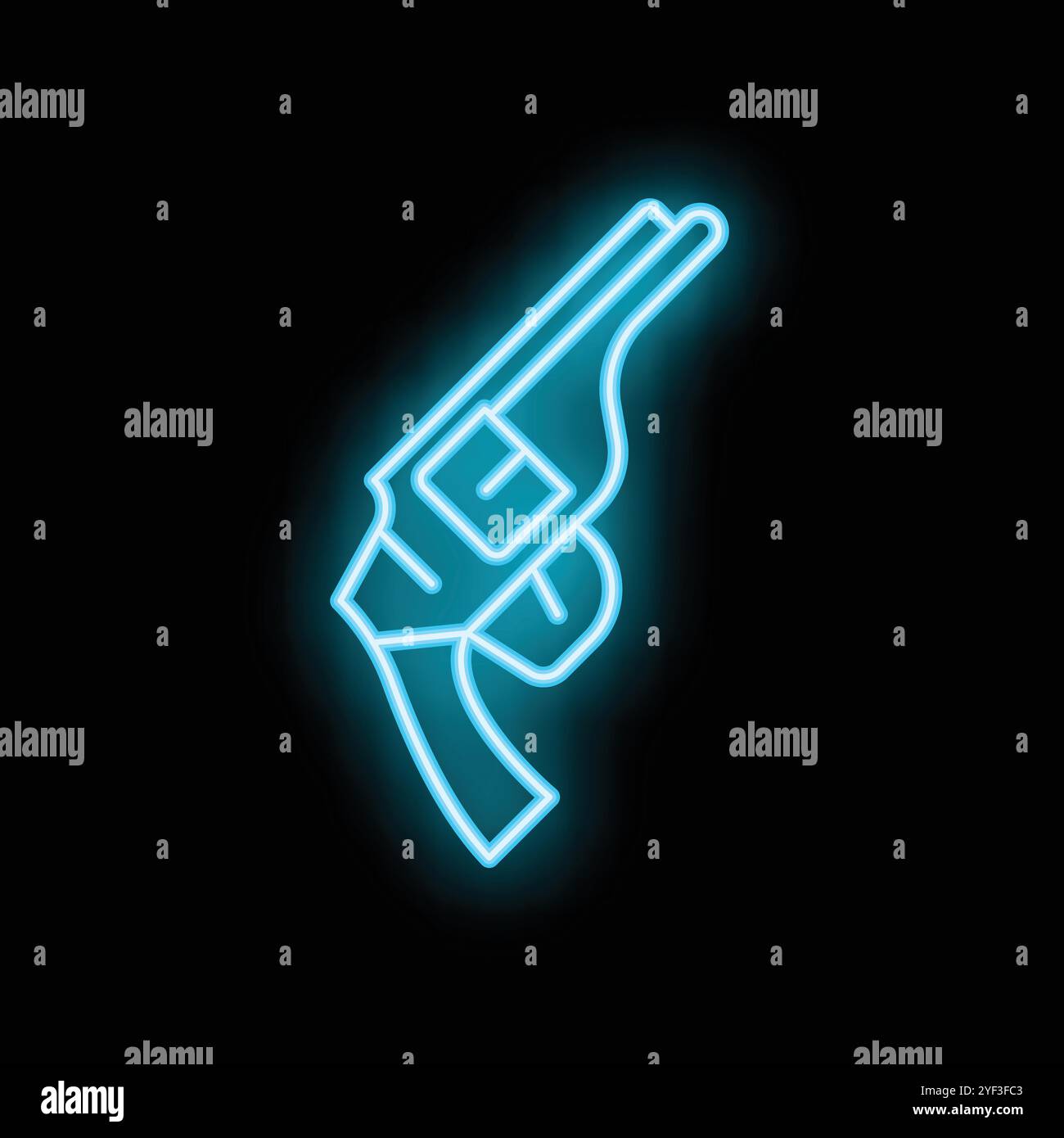 Blue neon sign depicting a revolver handgun on a black background ...