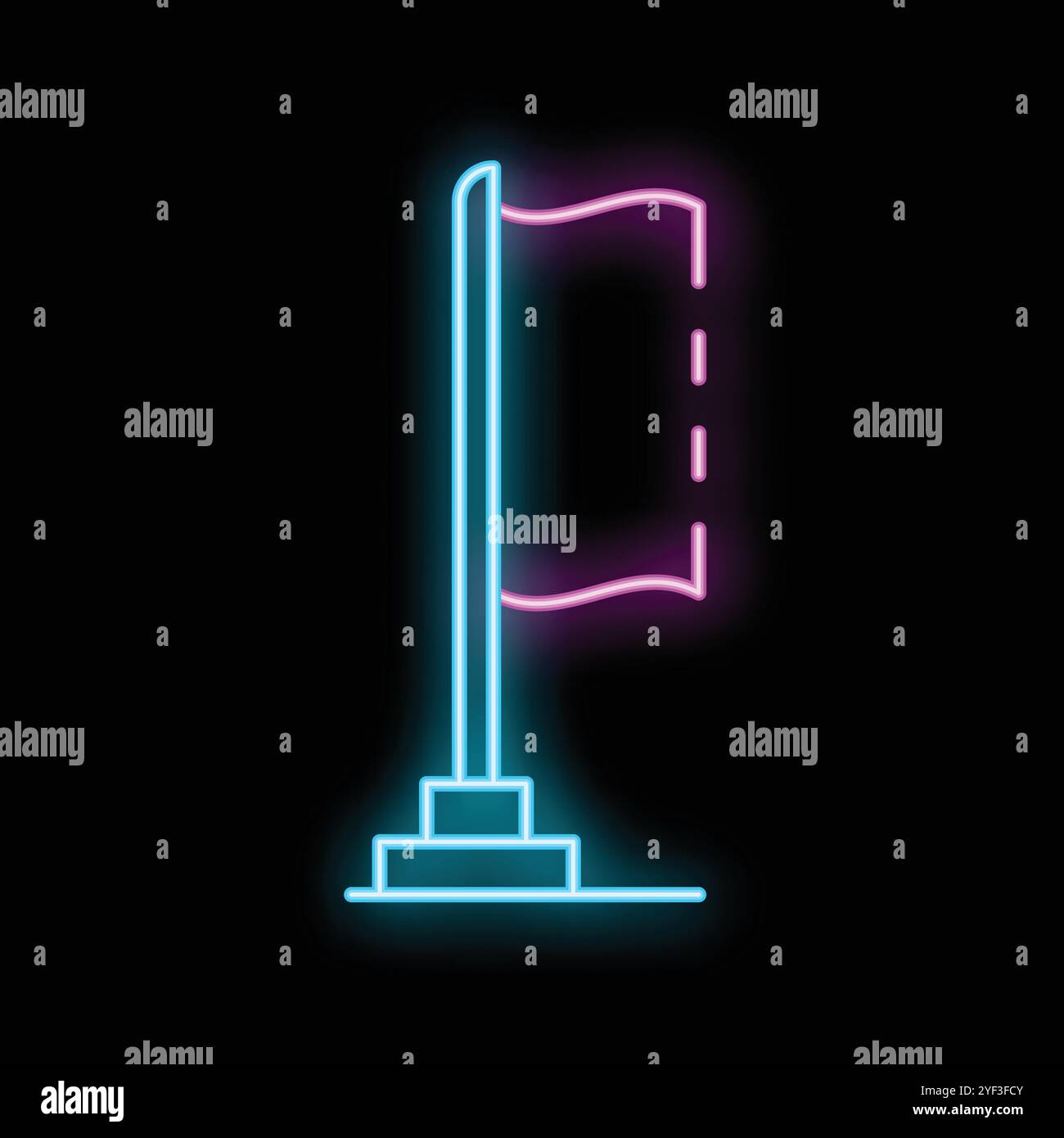 Neon flag waving on flagpole, glowing blue and purple on black ...