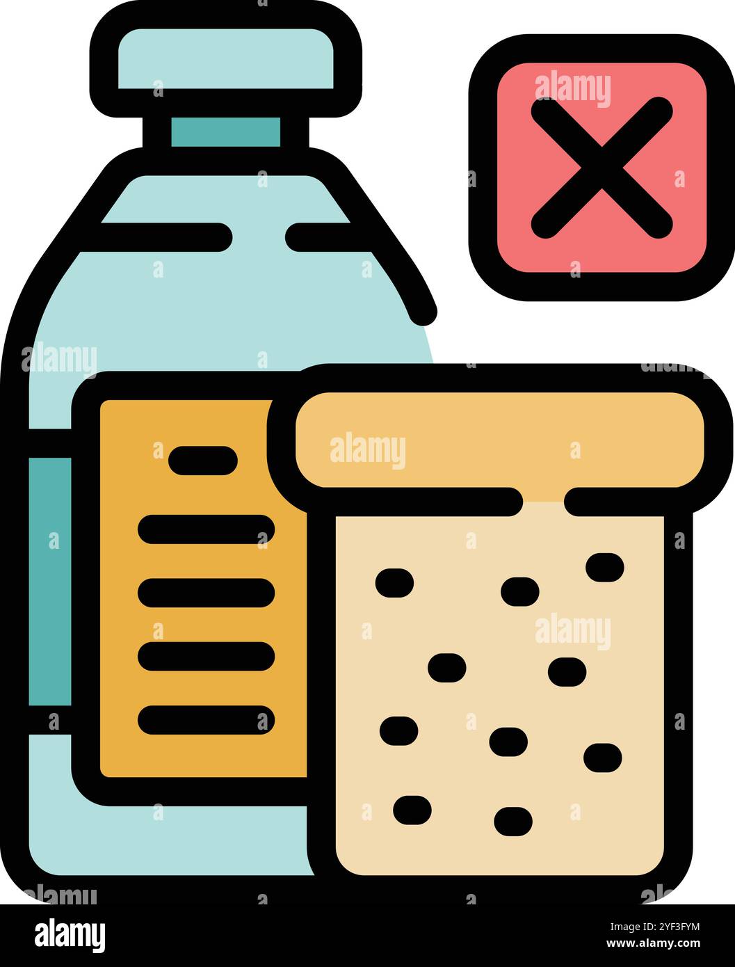 Simple outline color icon of a plastic bottle and bread with a cross ...