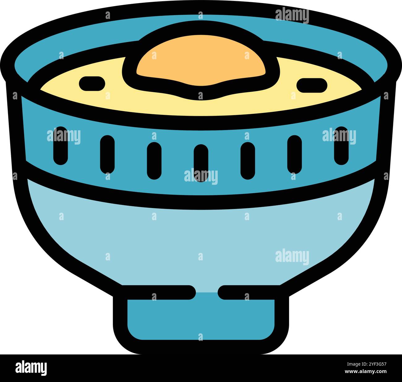 Simple flat vector illustration of a ramen bowl filled with broth, noodles and a soft boiled egg ...