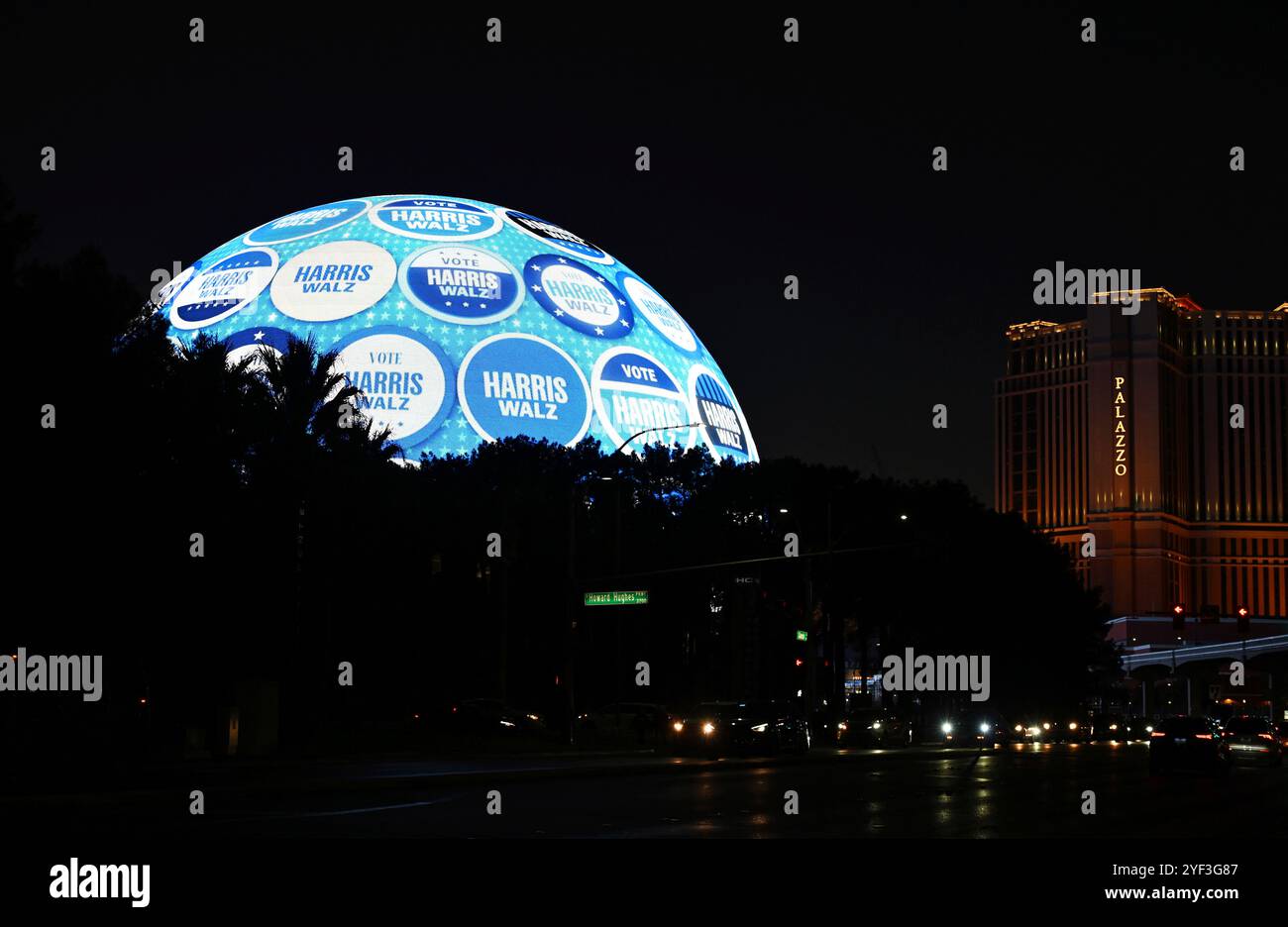 A photo shows music and entertainment arena facility "Sphere" displays ...