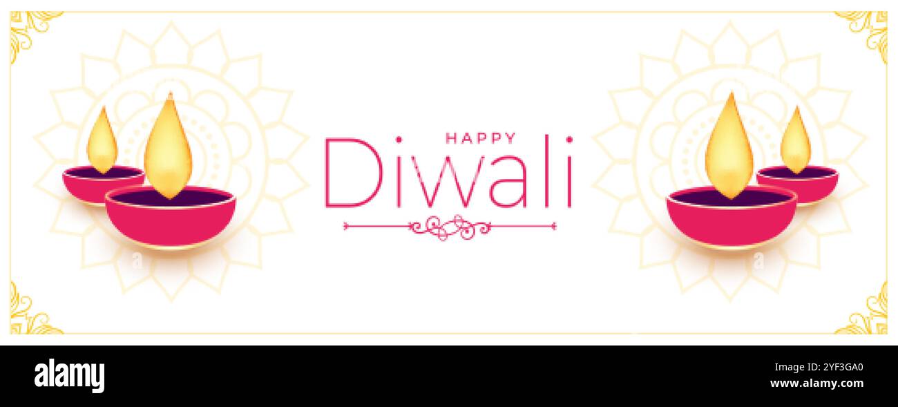 happy diwali white banner with flat diya design Stock Vector Image ...