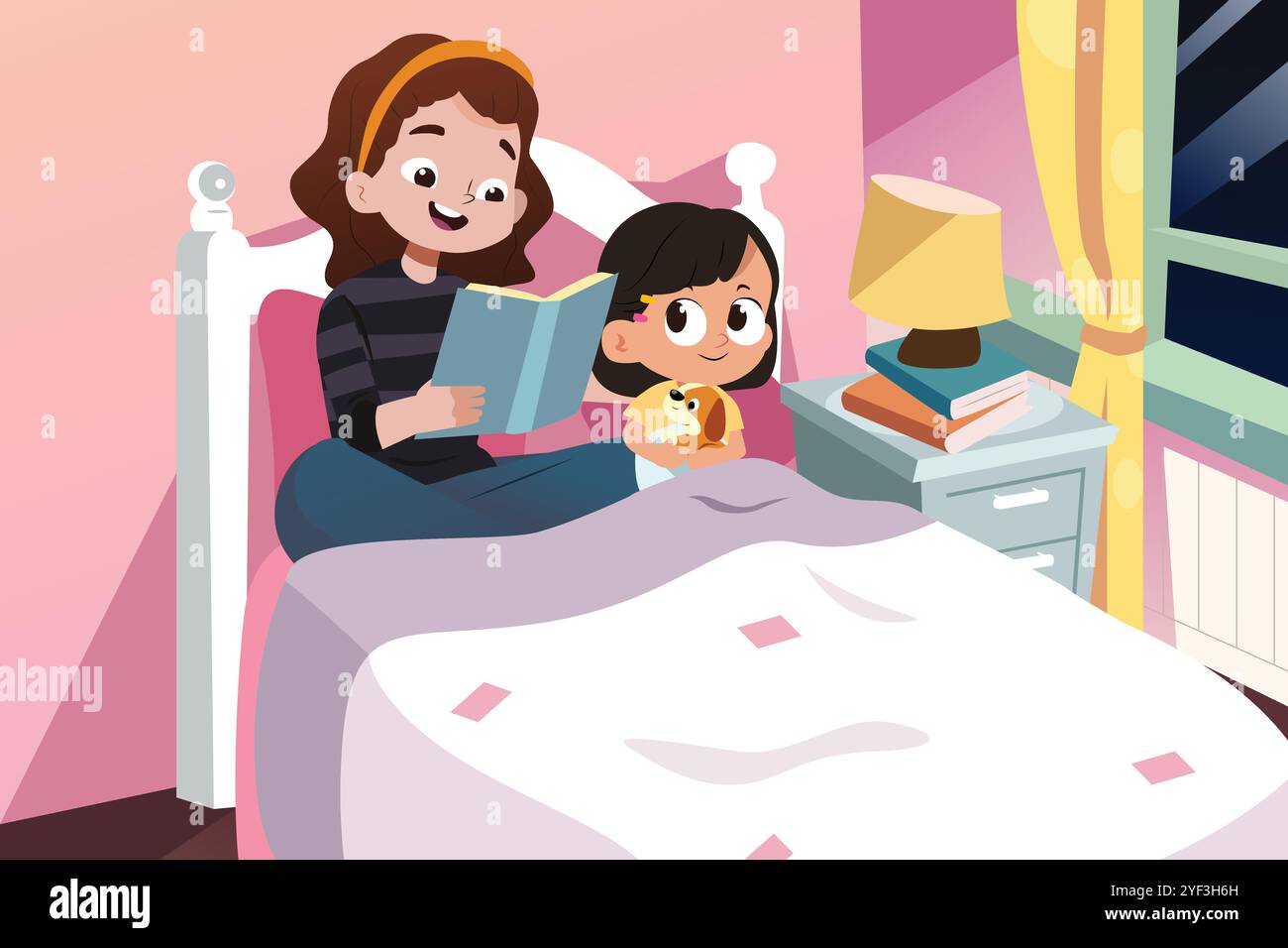 A vector illustration of Girl Reading Bedtime Story to Her Little ...