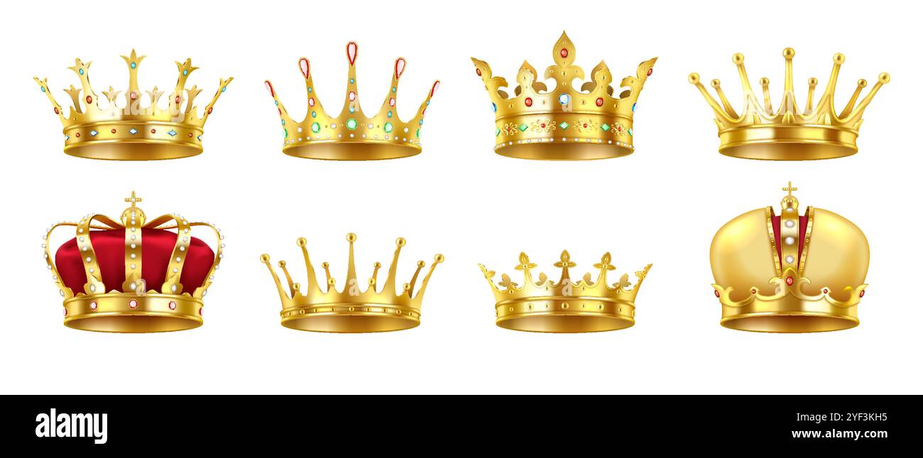 Luxury golden crowns with gemstones flat vector set Stock Vector Image ...