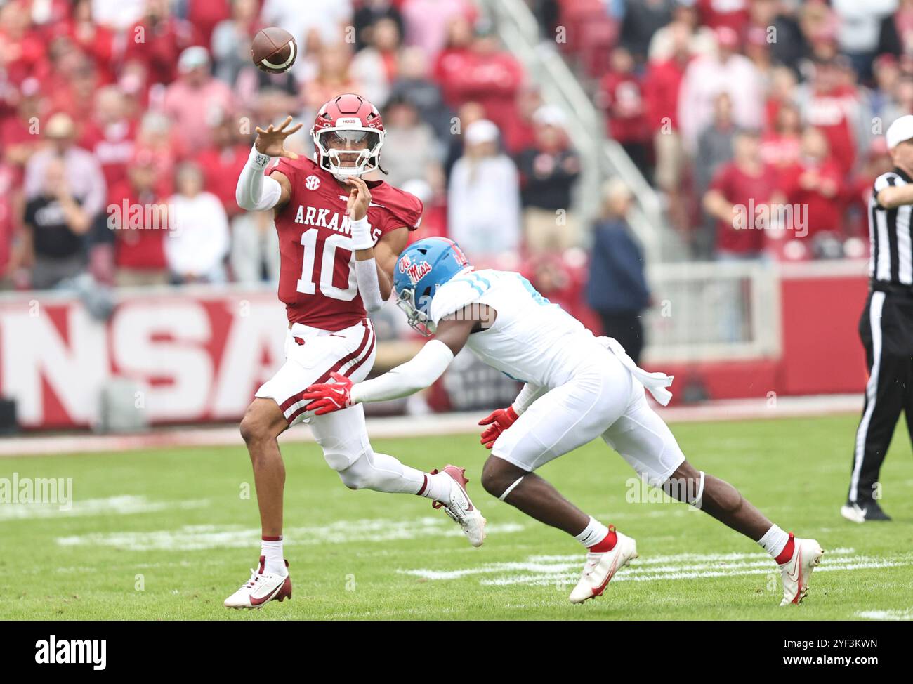 FAYETTEVILLE, AR - NOVEMBER 02: Arkansas Razorbacks quarterback Taylen Green (10) passes the ...