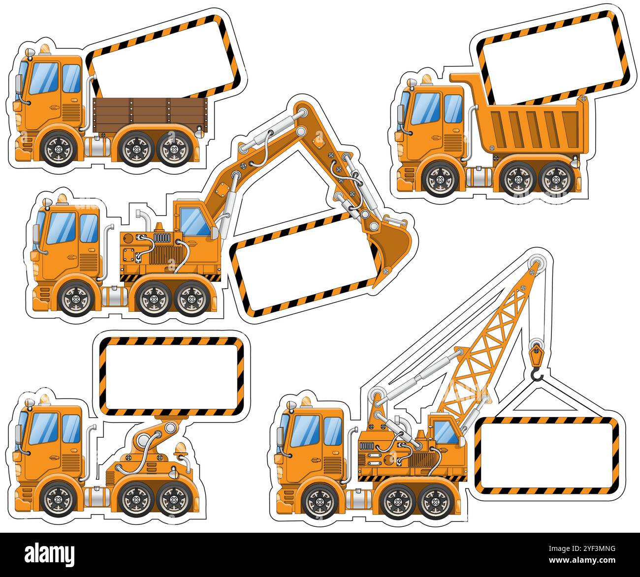 A set of stickers with construction equipment. Side view. Isolated on ...